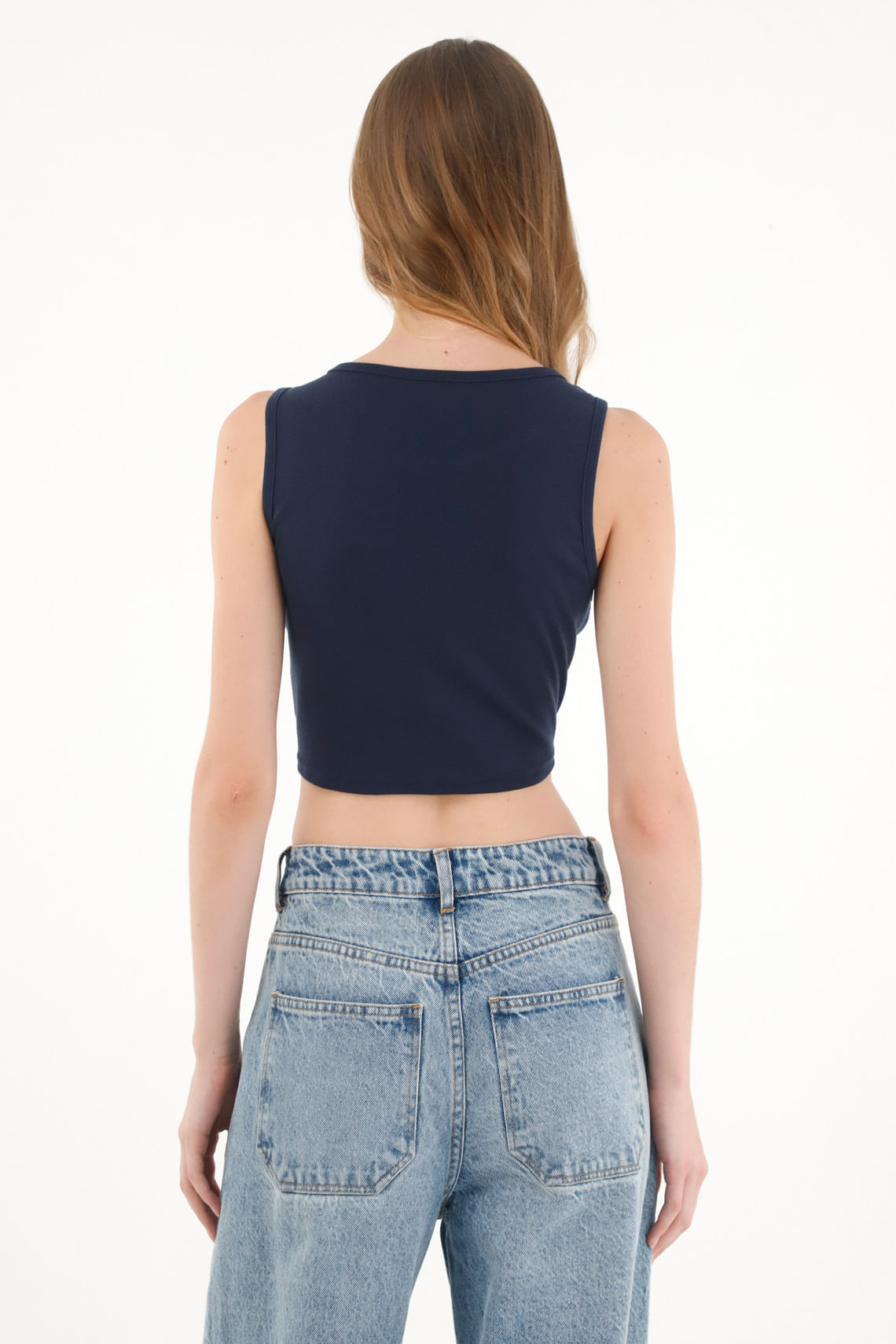 Camiseta crop azul con ruedo asimétrico para mujer - Pilatos